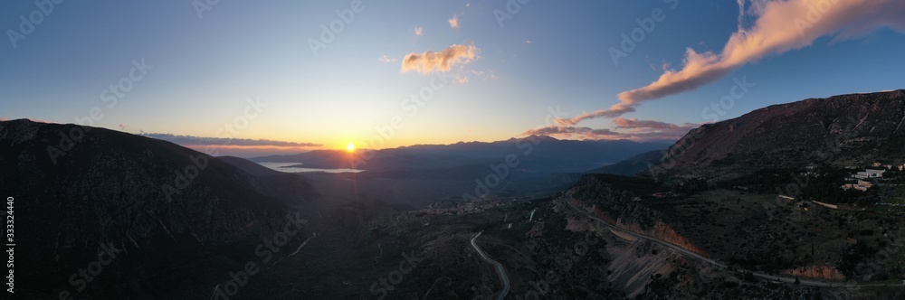Aerial view of Delphi, Greece, the Gulf of Corinth, orange color of ...