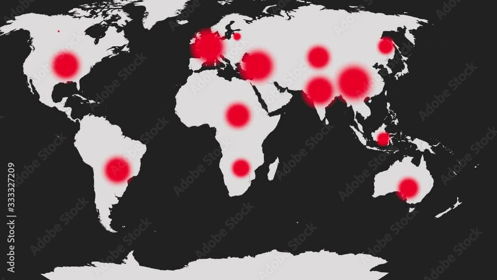 Spread of coronavirus on world map. Motion graphics 4k. Red dots ...