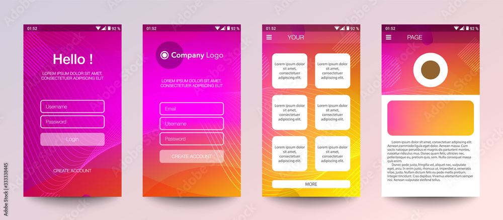 Design of mobile app, UI, UX, GUI. Set of user registration screens ...