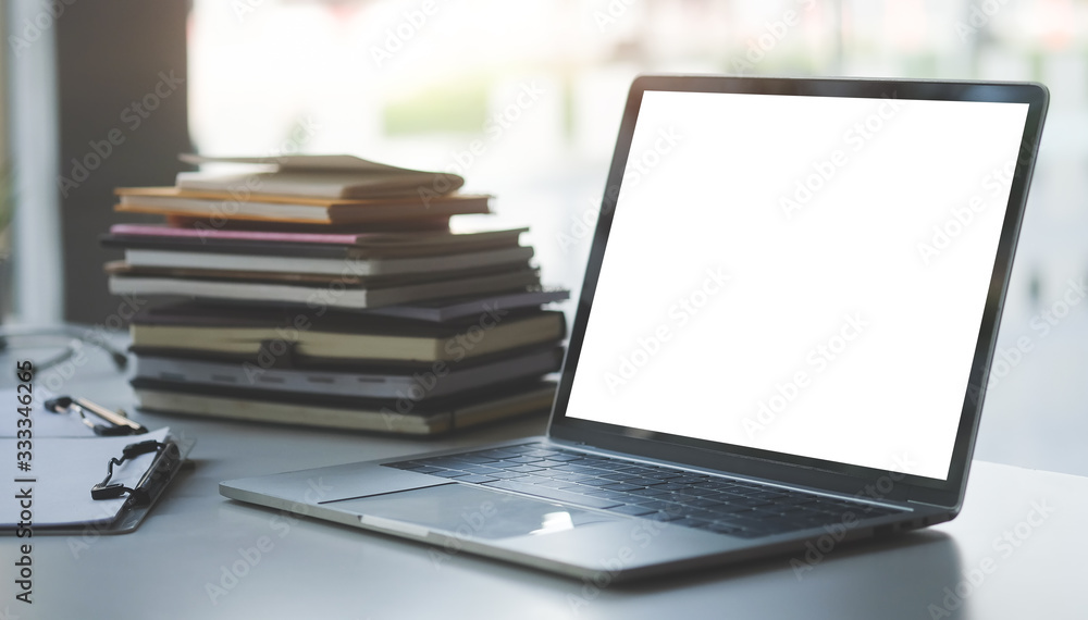 Office desk Workspace stuff with notepad, laptop and coffee cup mouse ...