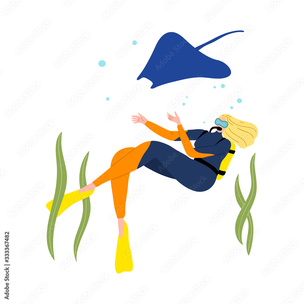 Scuba diver girl swimming underwater and diving with cramp-fish in deep ...