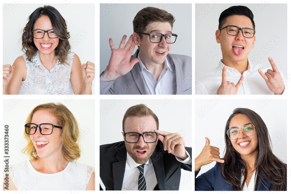Positive people in glasses with different hand gestures portrait set ...