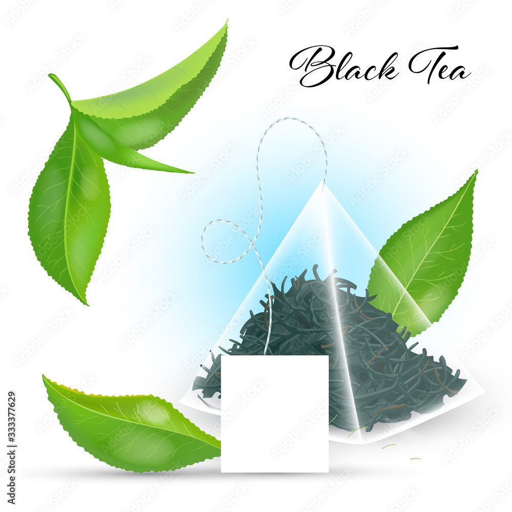 Black Tea concept with pyramidal tea bag and realistic leaves . Vector ...