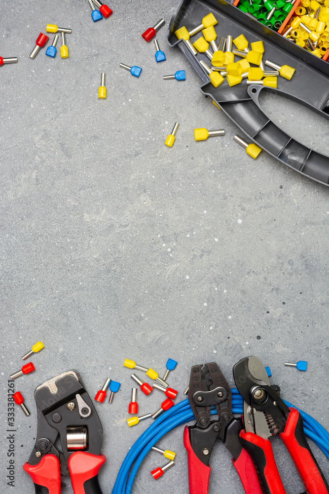 Tools and tips of different sizes and colors for crimping stranded ...