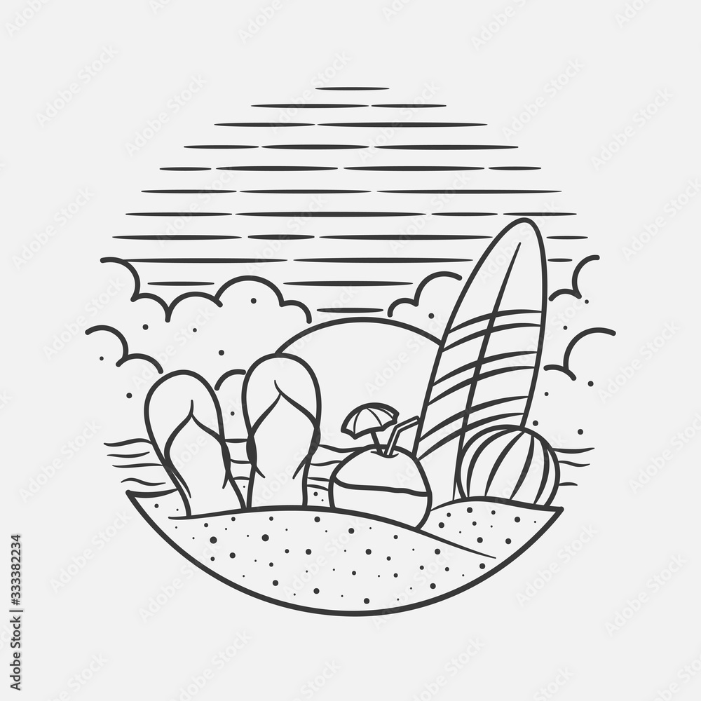 vacation summer beach vintage vector line art illustration. isolated ...