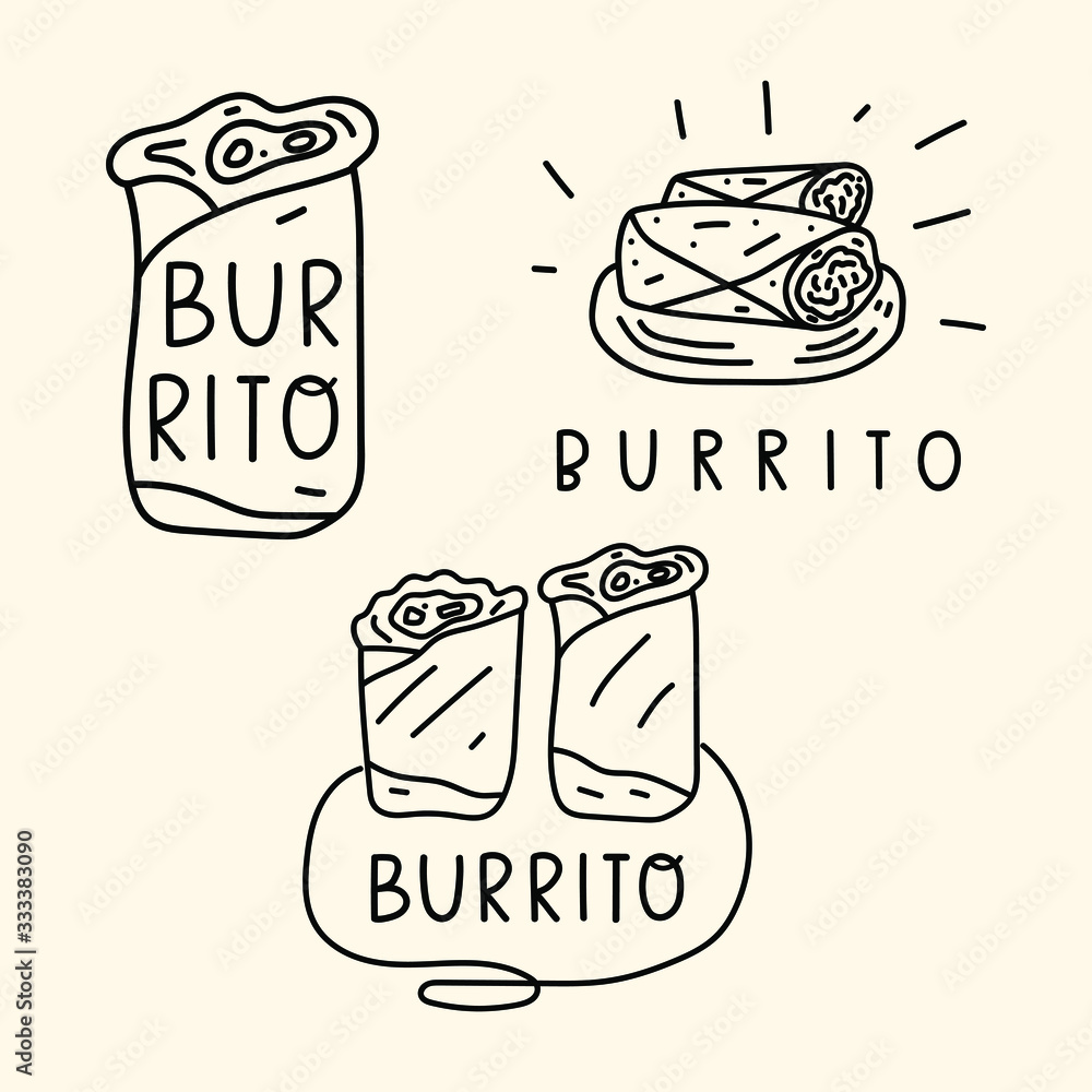 Set of burrito. Hand drawn vector outline illustrations on white ...
