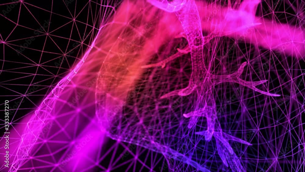 Human lungs in polygonal model. Glowing blue light line of human lungs ...