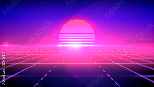 80s retro style abstract background with sun, space and perspective ...