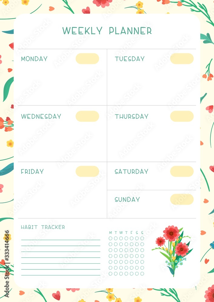 Calendar design with floral blooms and petals on white background. Week ...