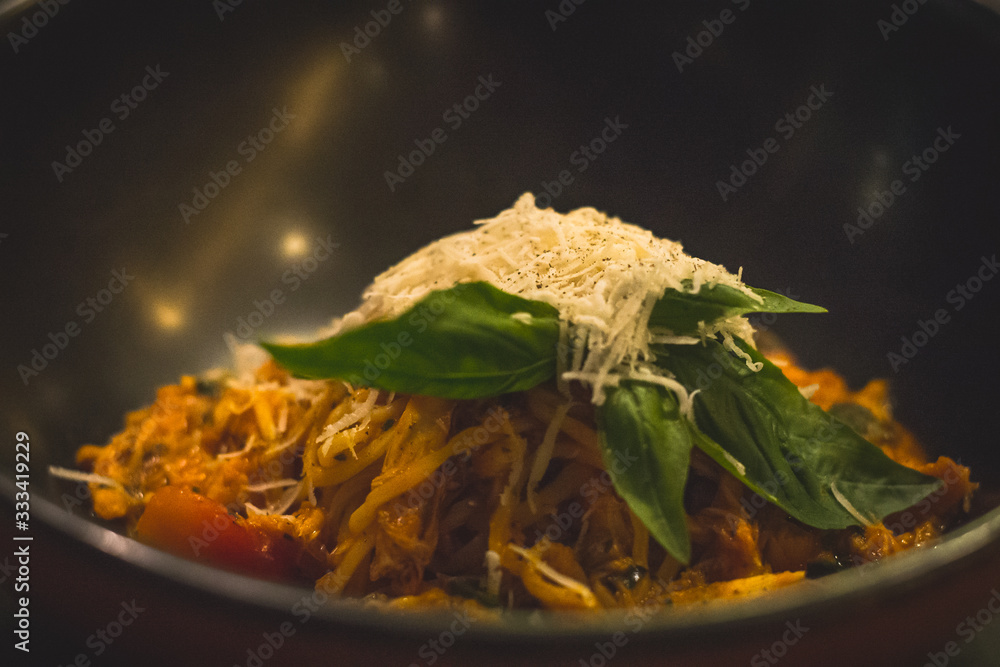 fetuccine spaghetti paste in tomato marinara sauce with tomatoes and ...