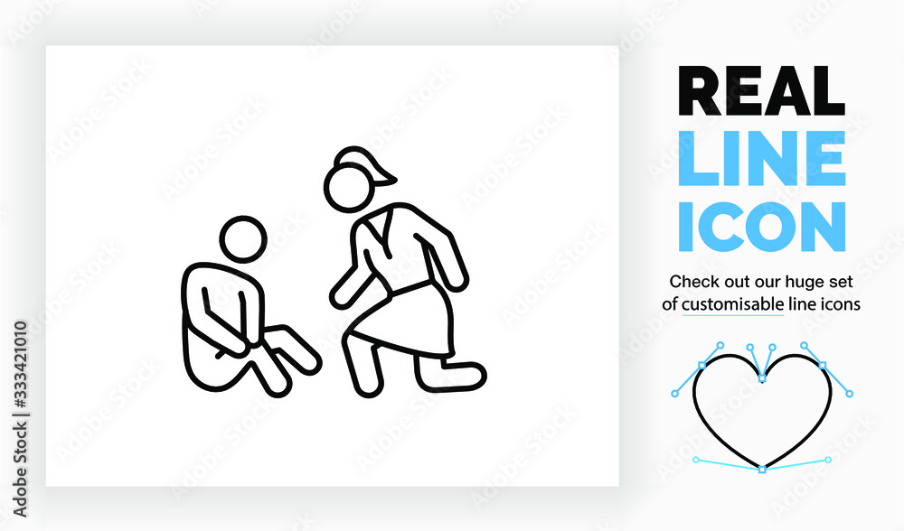 Editable real line icon of a child stick figure that got hurt on his ...