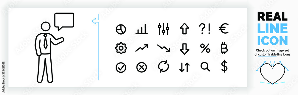 Editable real line icon of a business man talking about an idea in a ...