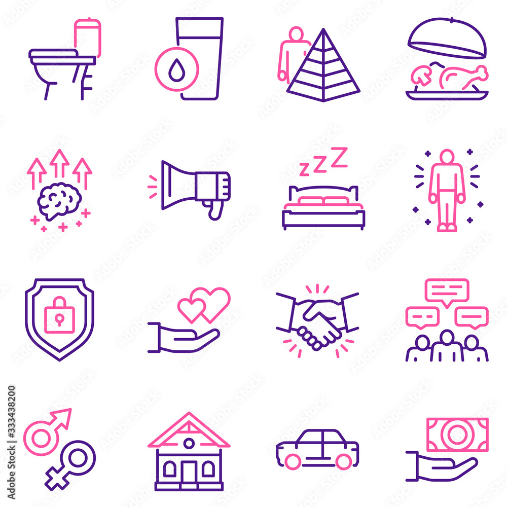 Hierarchy of human needs linear color icon set. Maslow Pyramid concept ...