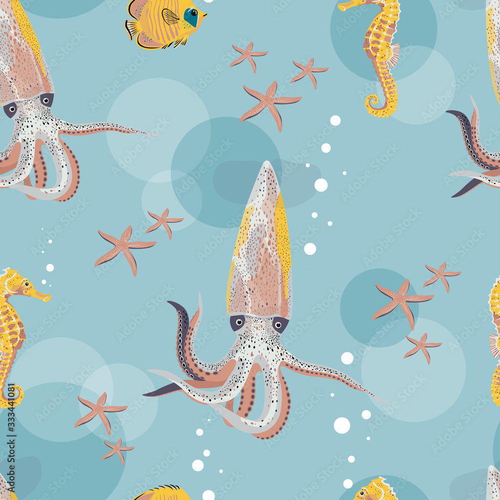 Seamless pattern with cartoon fishes and sea animals. Modern flat ...