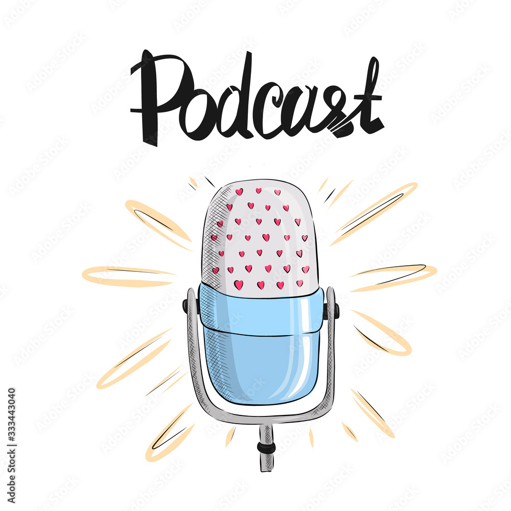Studio microphone with podcast broadcast, flat cartoon style, media ...