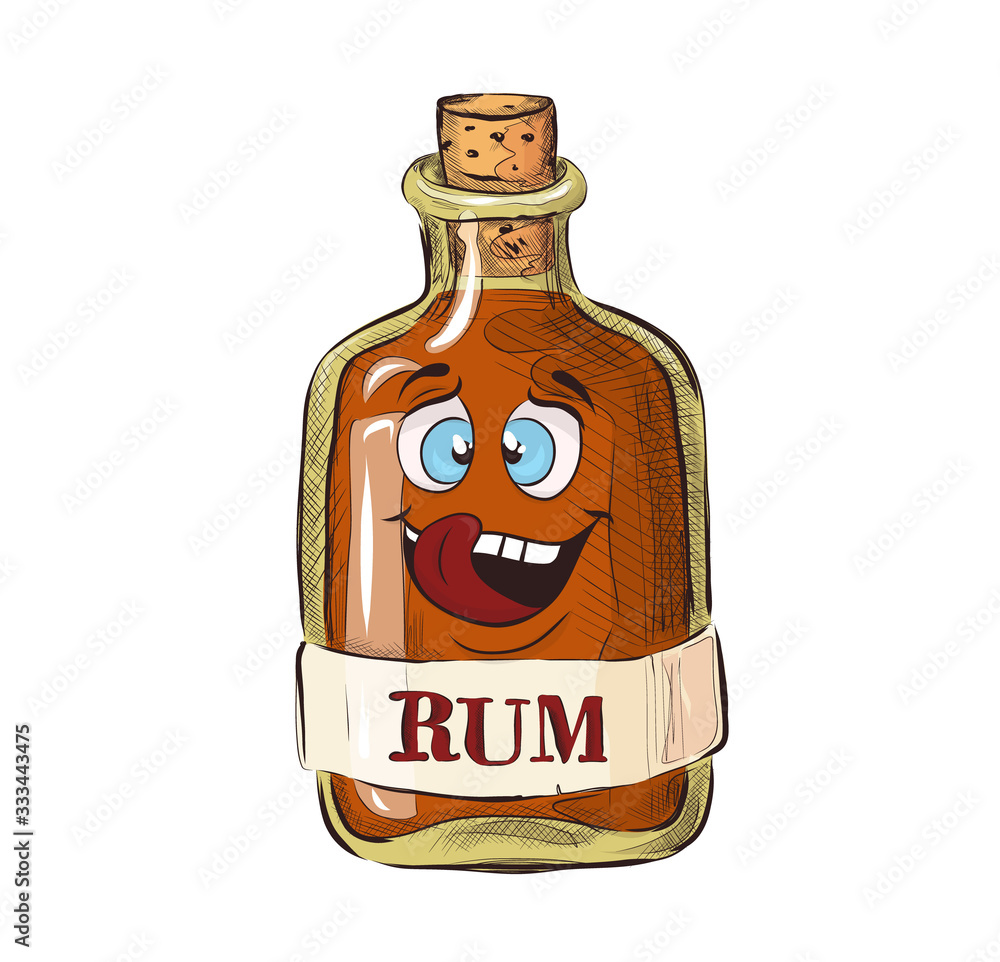 Bottle of rum with facial expression, funny cartoon picture in a flat ...