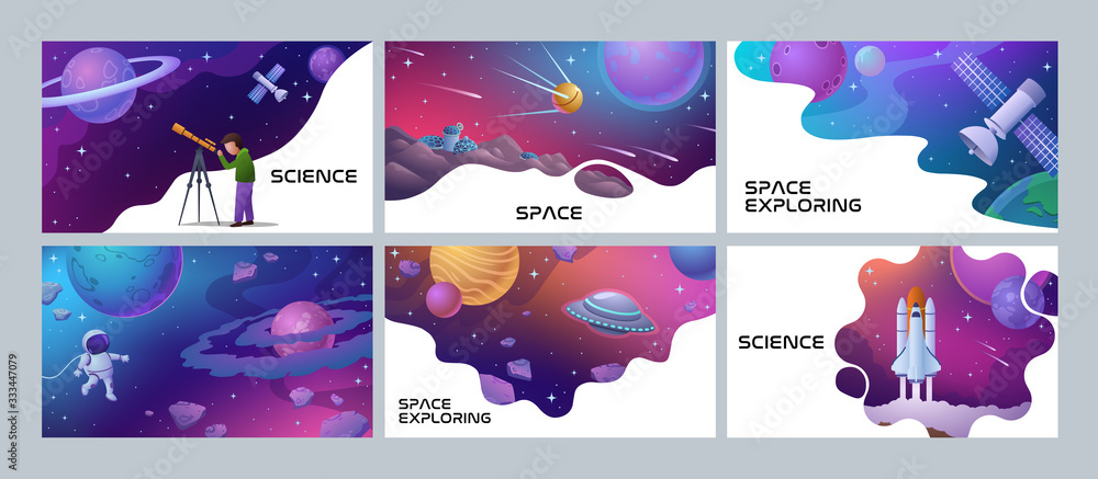 Four colorful Space and Science poster designs showing an astronomer ...