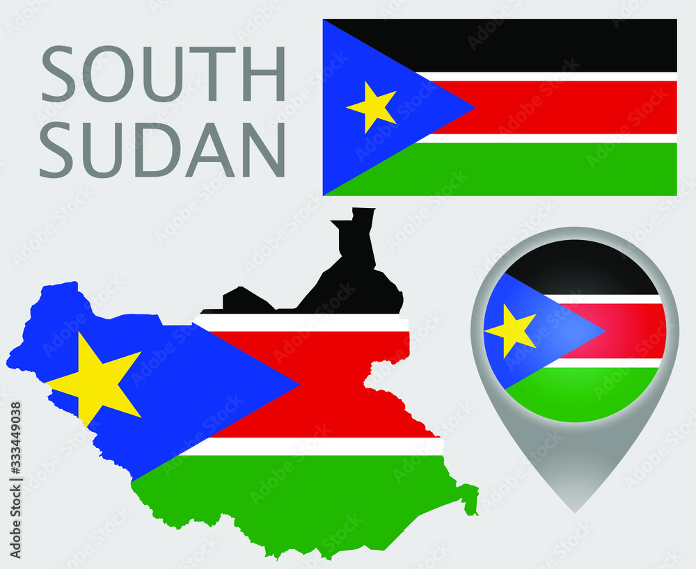 Colorful flag, map pointer and map of South Sudan in the colors of the ...
