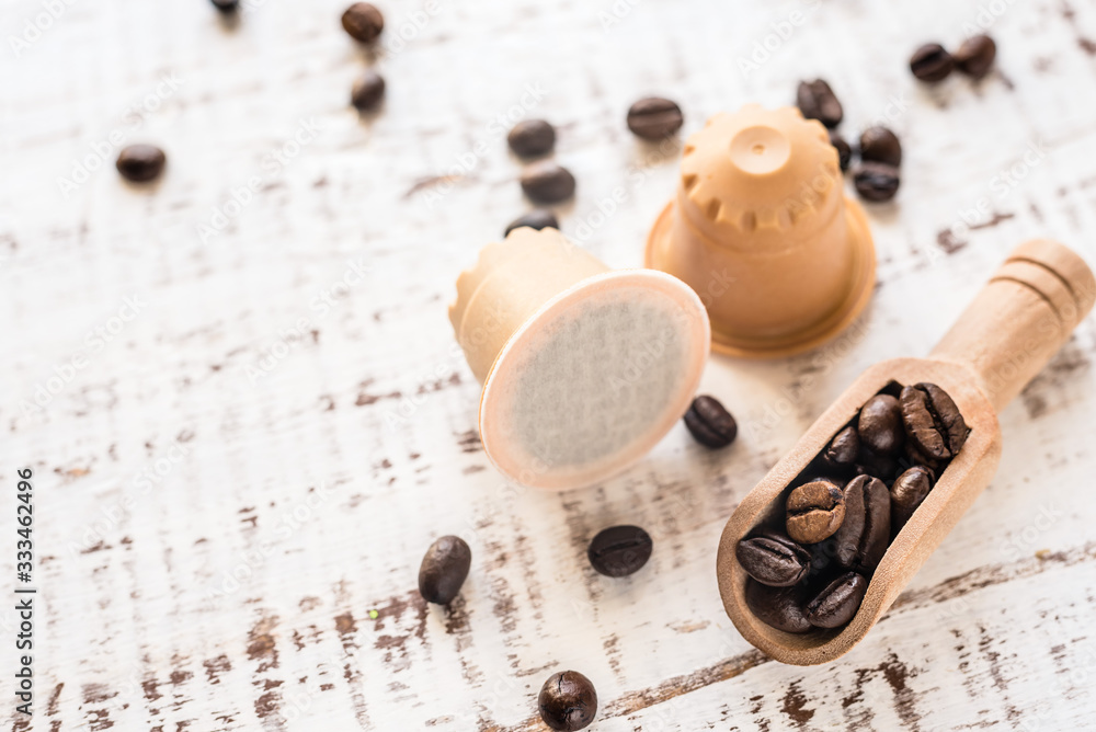 Composted coffee capsule. Espresso coffee Capsules from wood in the box ...