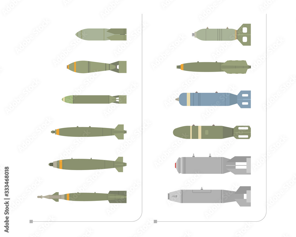 The set of aerial bombs is isolated on a white background. The set of ...
