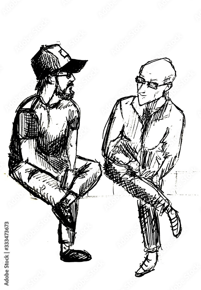 Hand drawn sketch of young two Men Sitting And talking Isolated On ...