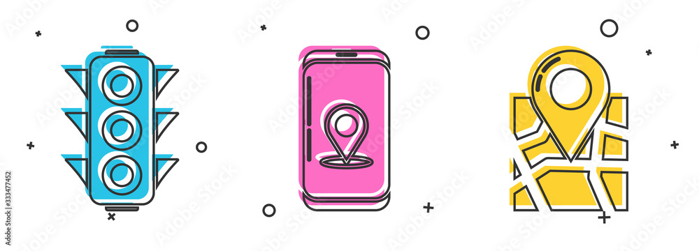 Set Traffic light, Infographic of city map navigation and Folded map ...