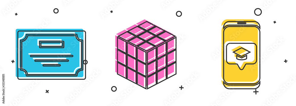 Set Certificate template, Rubik cube and Graduation cap on screen ...