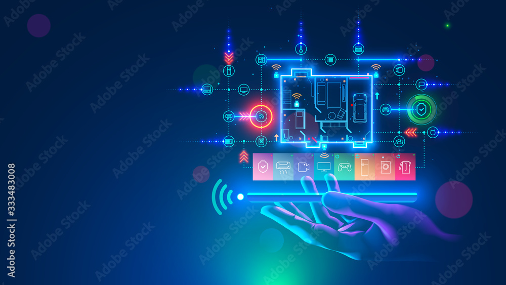 Smart home over screen of smartphone in hand, side view. App of mobile ...