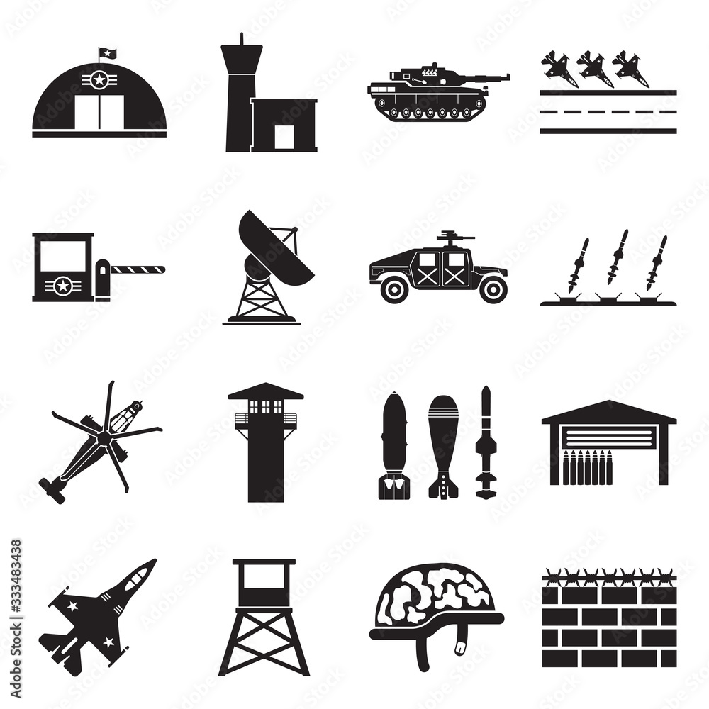 Military Base Icons. Black Flat Design. Vector Illustration. Stock ...