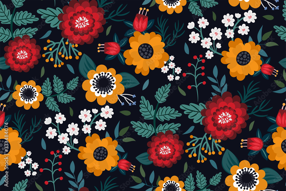 Floral ethnic pattern in yellow, red, white flowers on a black ...
