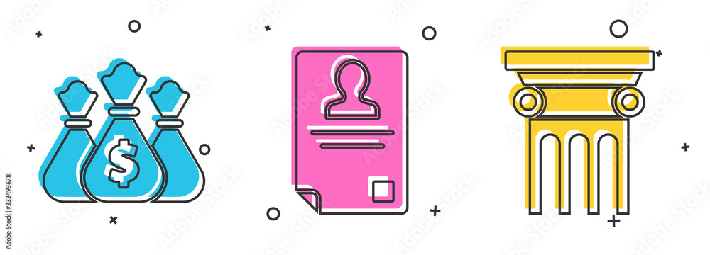 Set Money bag, Identification badge and Law pillar icon. Vector Stock ...