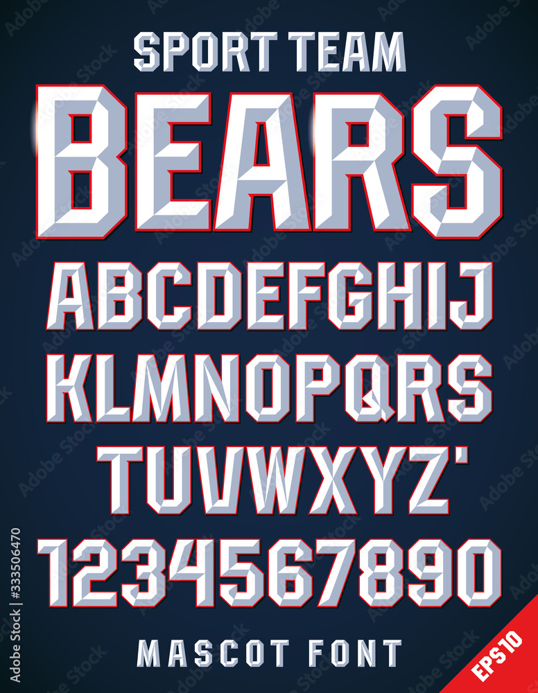 Classic style Sport Team font, metallic beveled alphabet and numbers ...