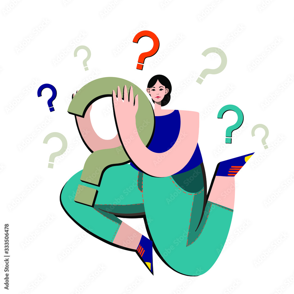 Woman think. Questions. Thinking girl concept. Think about problems ...