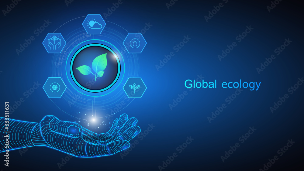Vector illustration of artificial intelligence holding icons and ...