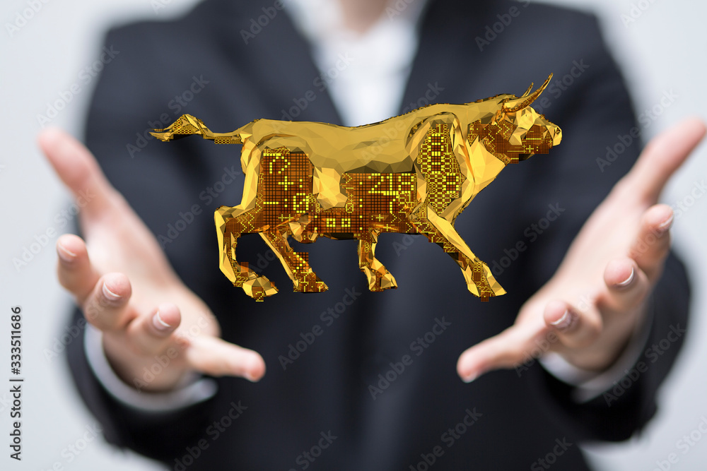 Bull shapes that look like made of origami paper with symbols of stock ...