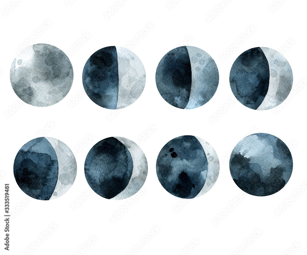 blue phases of the moon, indigo watercolor drawing hand drawing ...