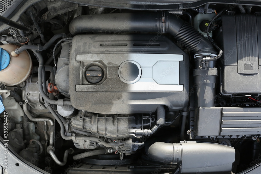car engine before and after washing, collage. motor of the car before ...