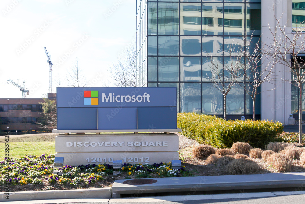 Reston, Virginia, USA- March 1, 2020: Sign of Microsoft Corporation ...