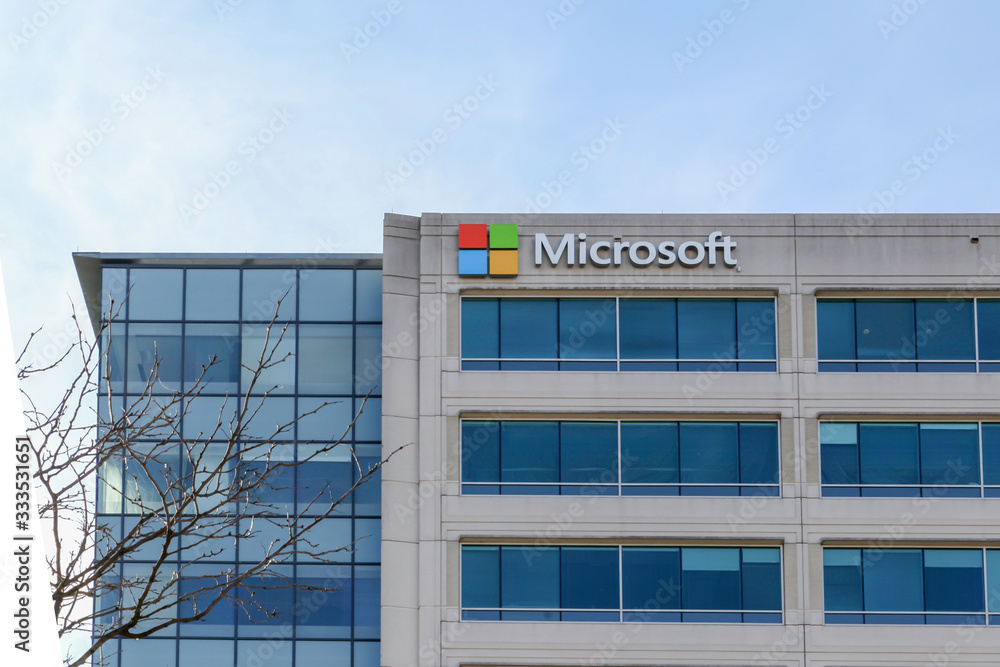 Reston, Virginia, USA- March 1, 2020: Microsoft sign on the building at ...