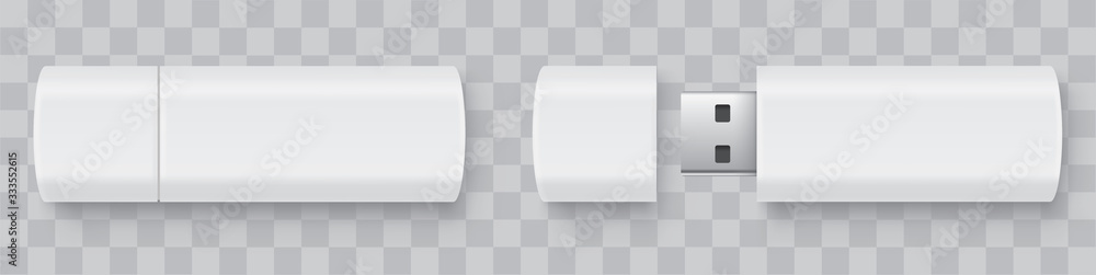 Realistic flash drive mockup set, open and closed. White mockup with ...