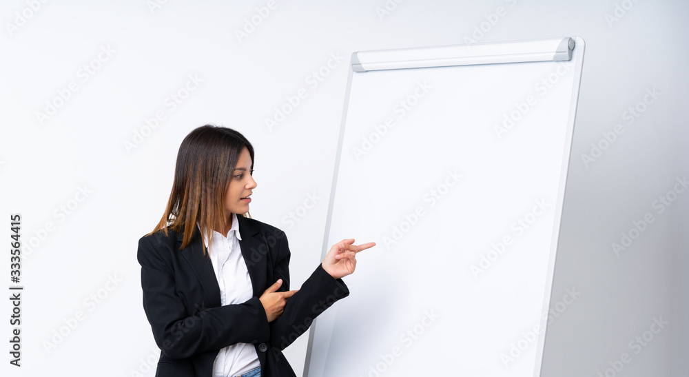 Young woman giving a presentation on white board giving a presentation ...