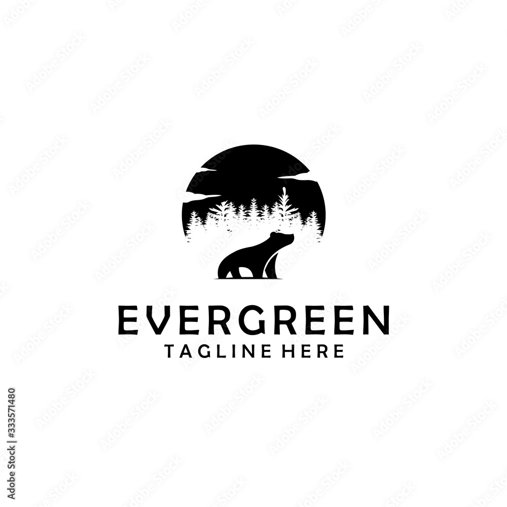 Evergreen, Pines, Spruce, Cedar trees with bear logo design Stock ...