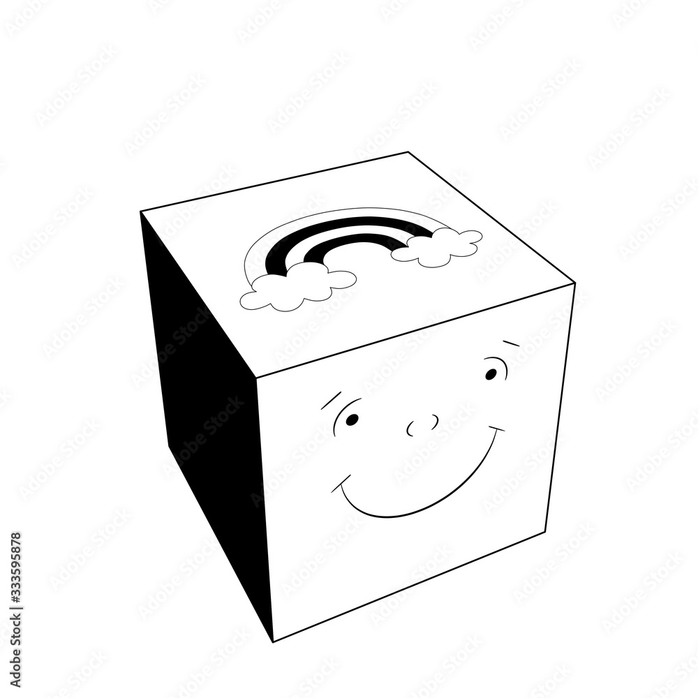 cartoon cube with a happy face and a rainbow with clouds. black and ...