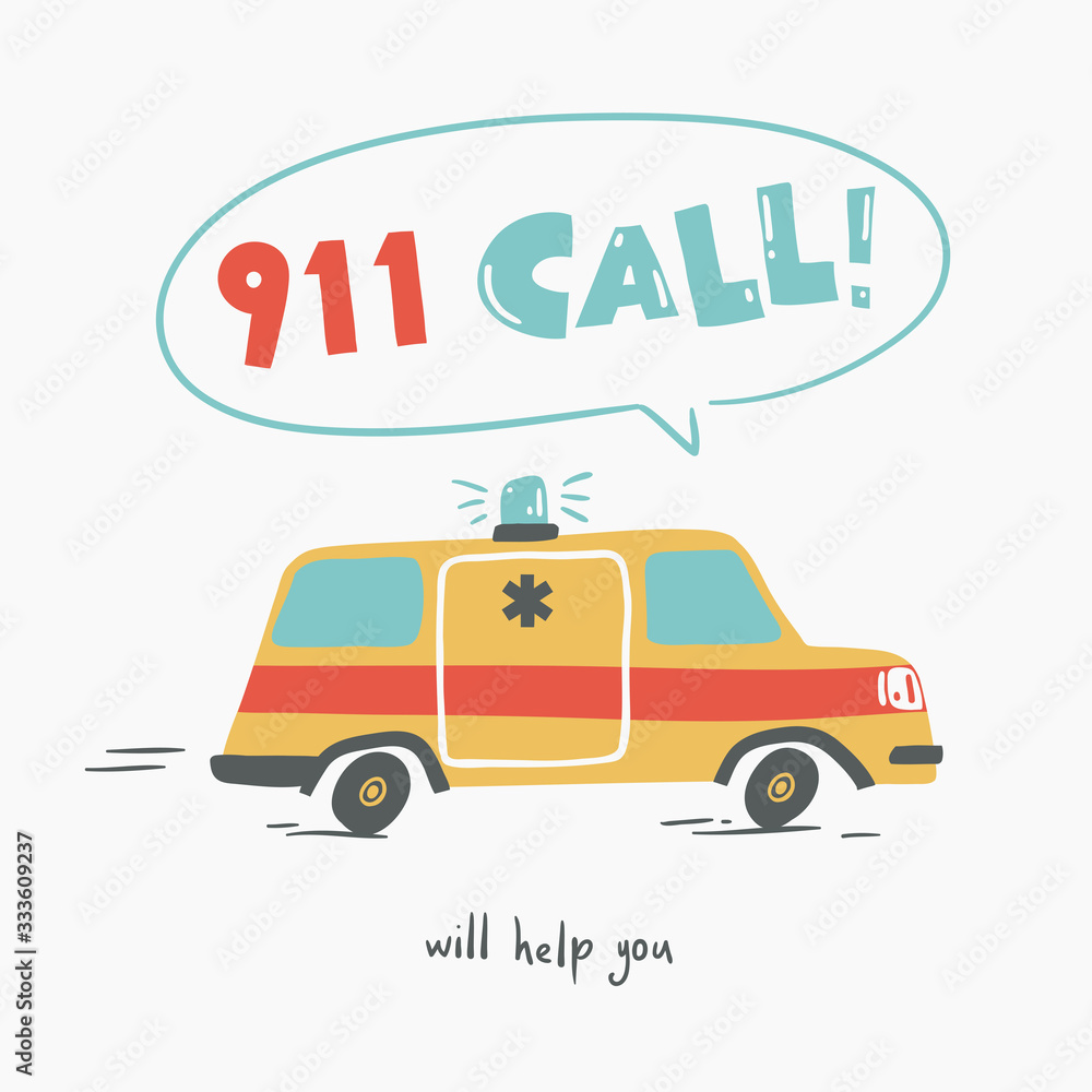 911 call. Poster with racing ambulance, cartoon style. Isolated vector ...