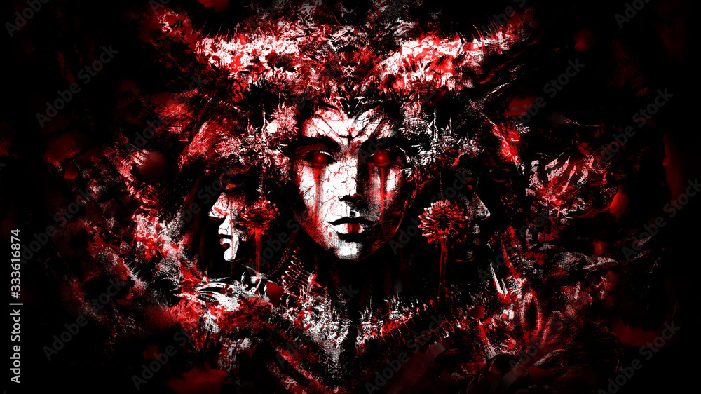 A terrible sinister demoness with huge horns, drenched in blood, her ...