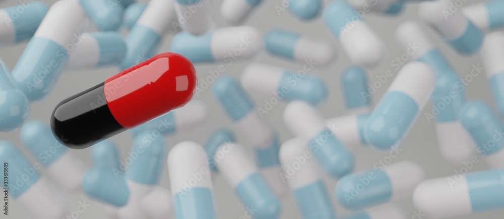 red and black pill capsule isolated on white background. Drugs and ...