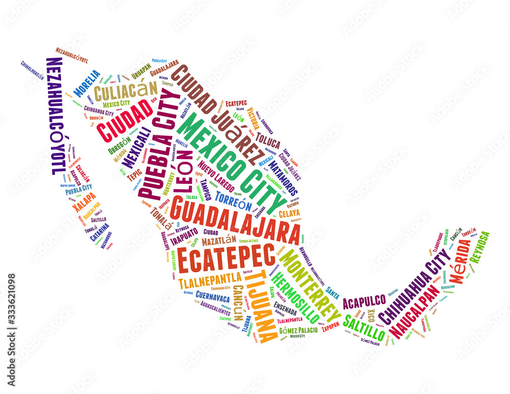 Mexico map and list of cities word cloud concept Stock Illustration ...