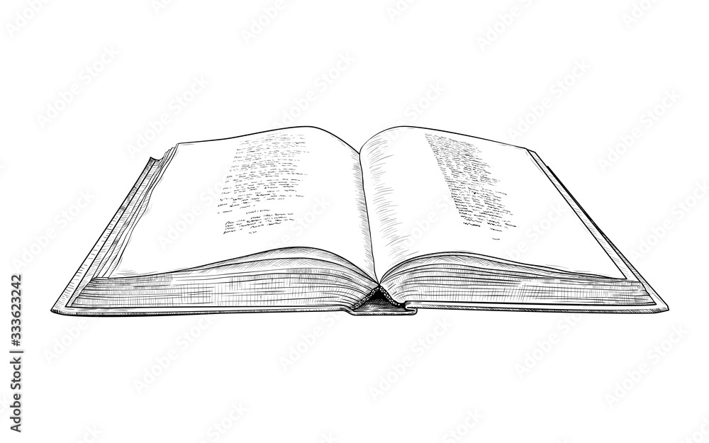 .An open book . Hand-drawn vector drawing in vintage style. Sketch ...