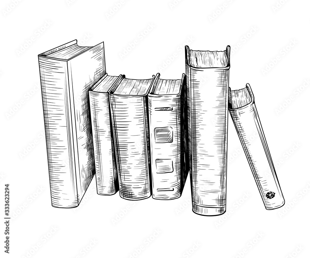 A stack of books in a vertical position. Hand-drawn vector drawing in ...