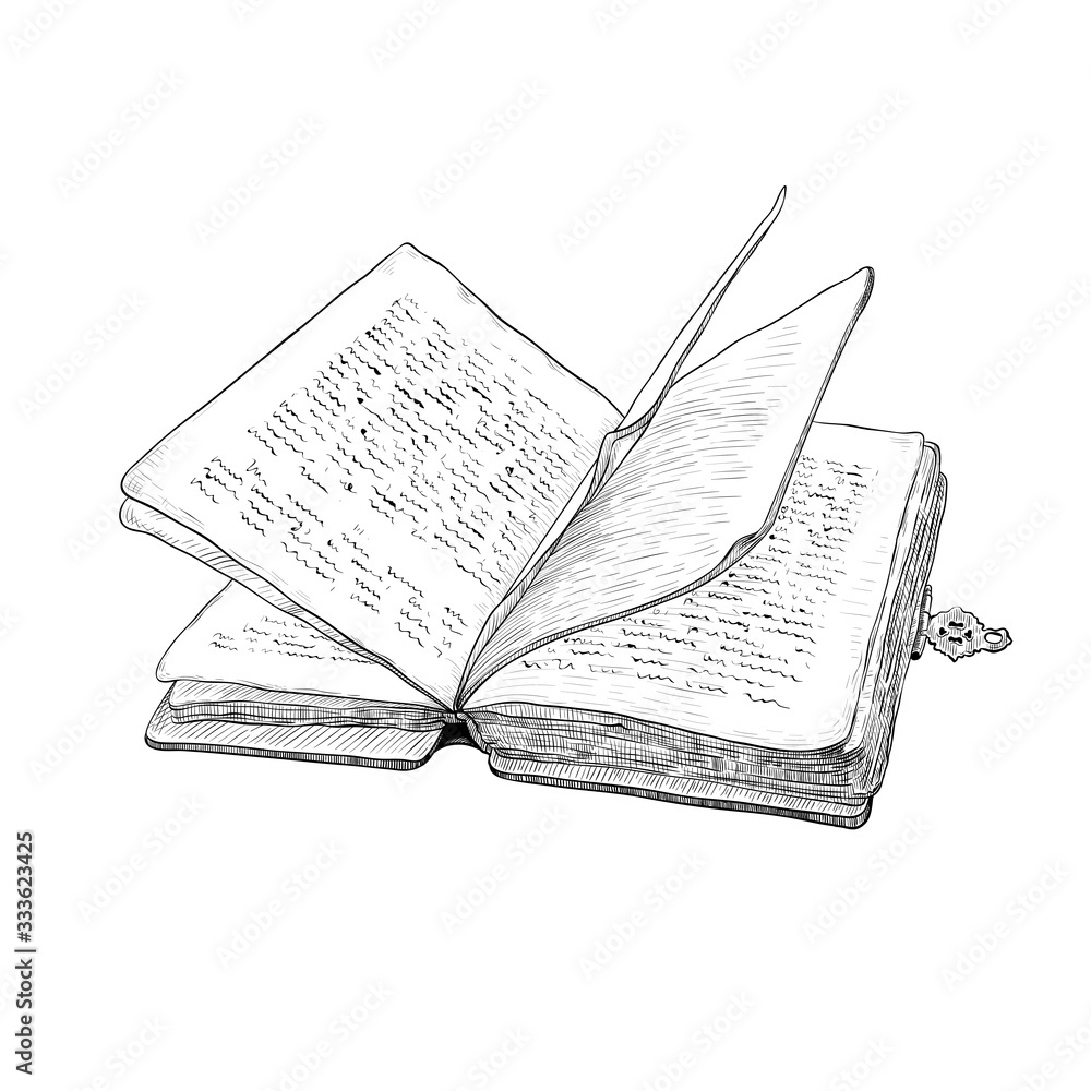 . Old open book with clasp. Hand-drawn vintage drawing . Vector sketch ...
